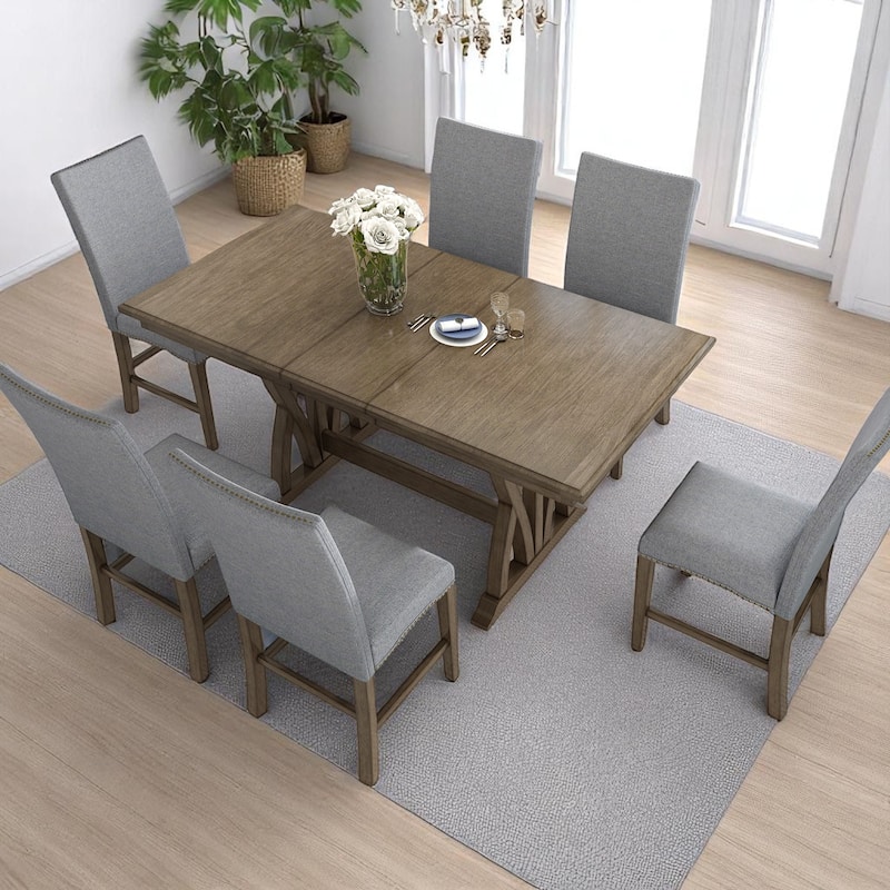 7-Piece Dining Table Set, Extendable Solid Wood Table with 6 Upholstered Chairs and 12" Leaf for ...